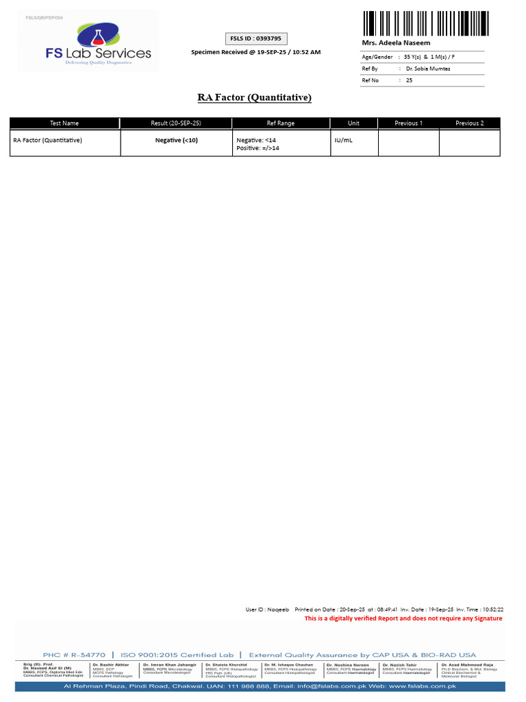 RA Factor (Quantitative) : Specimen Received at 19-SEP-25 / 10:52 AM ...