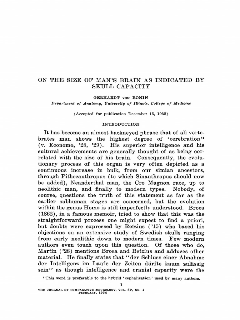 On The Size of Man's Brain As Indicated by Skull Capacity - Gerhardt ...