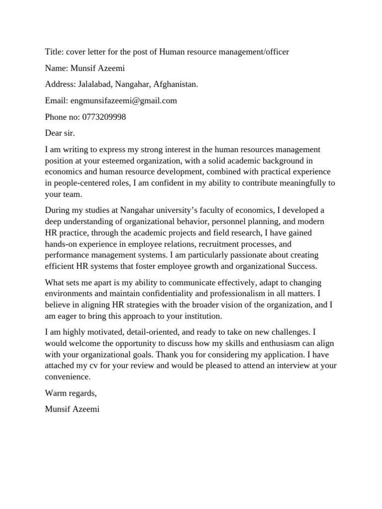 Cover Letter For HRM | PDF