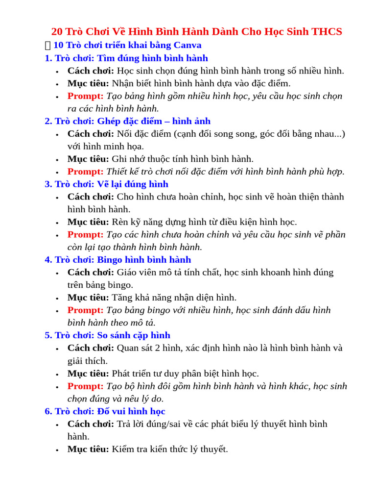 20 Tro Choi Ve Hinh Binh Hanh Danh Cho Hoc Sinh THCS | PDF