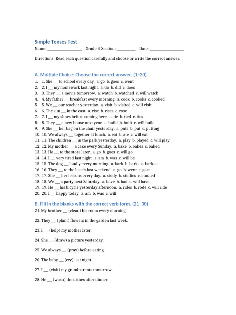 Simple Tenses Test Grade4 With AnswerKey | PDF | Chess | Chess Theory