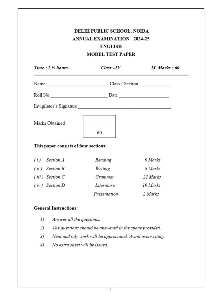 Class IV English Model Test Paper 2024 | PDF | Grammar | Linguistics