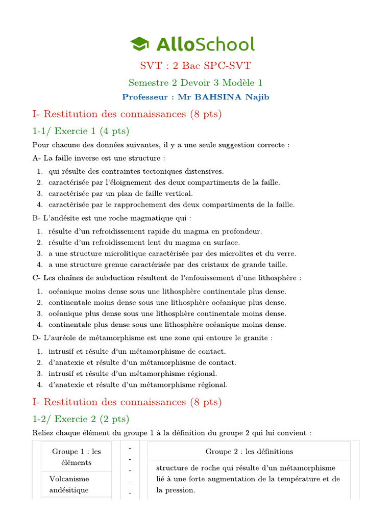SVT 2bac SPC SVT Semestre 2 Devoir 3 Modele 1 3 | PDF