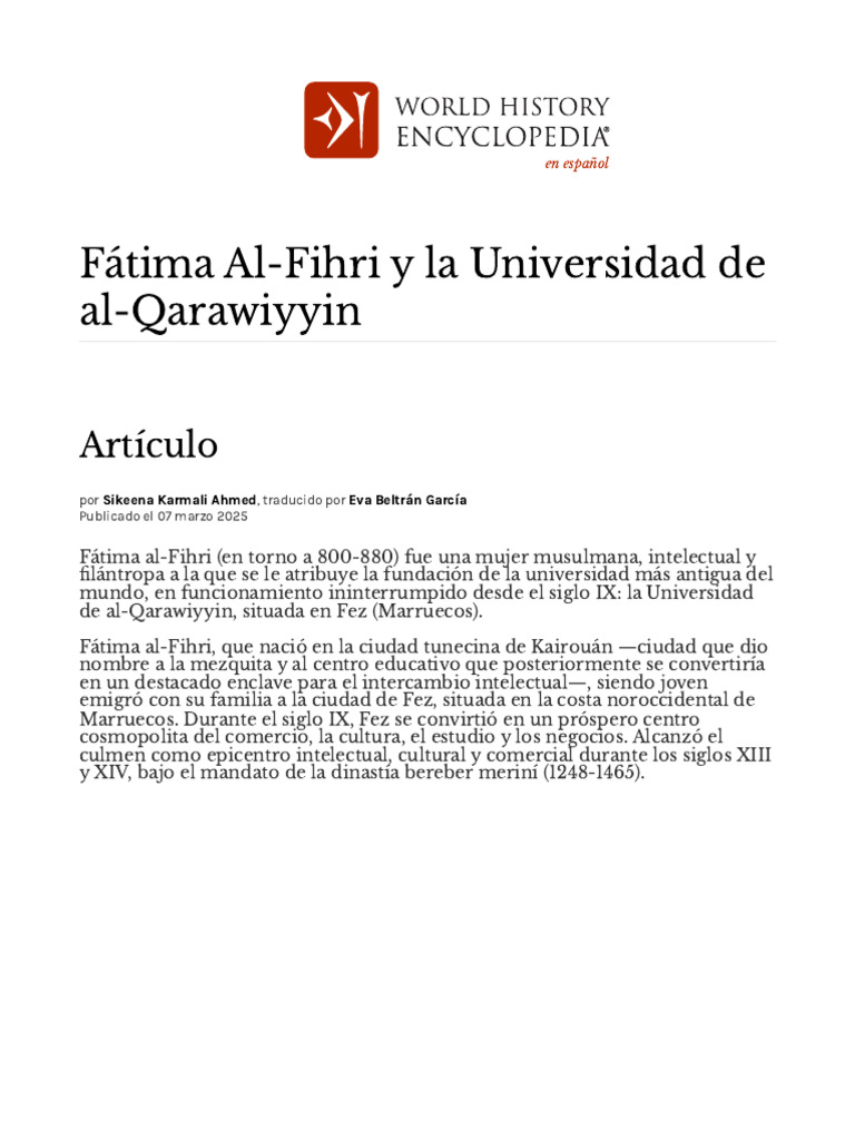 Fátima Al-Fihri y La Universidad de Al-Qarawiyyin - Enciclopedia de La ...