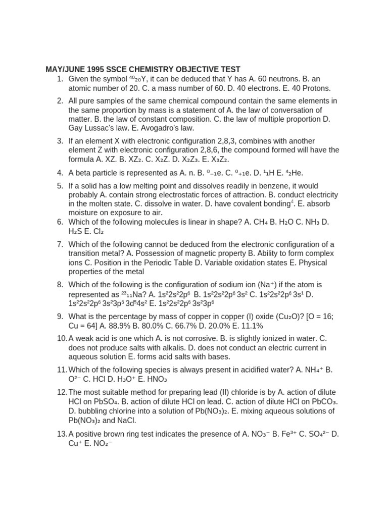 1995 SSCE Chemistry Objective Test | PDF | Chlorine | Chemical Reactions