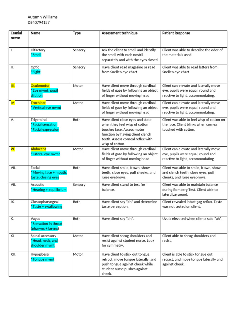 Cranial Nerve Worksheet | PDF | Nervous System | Human Anatomy
