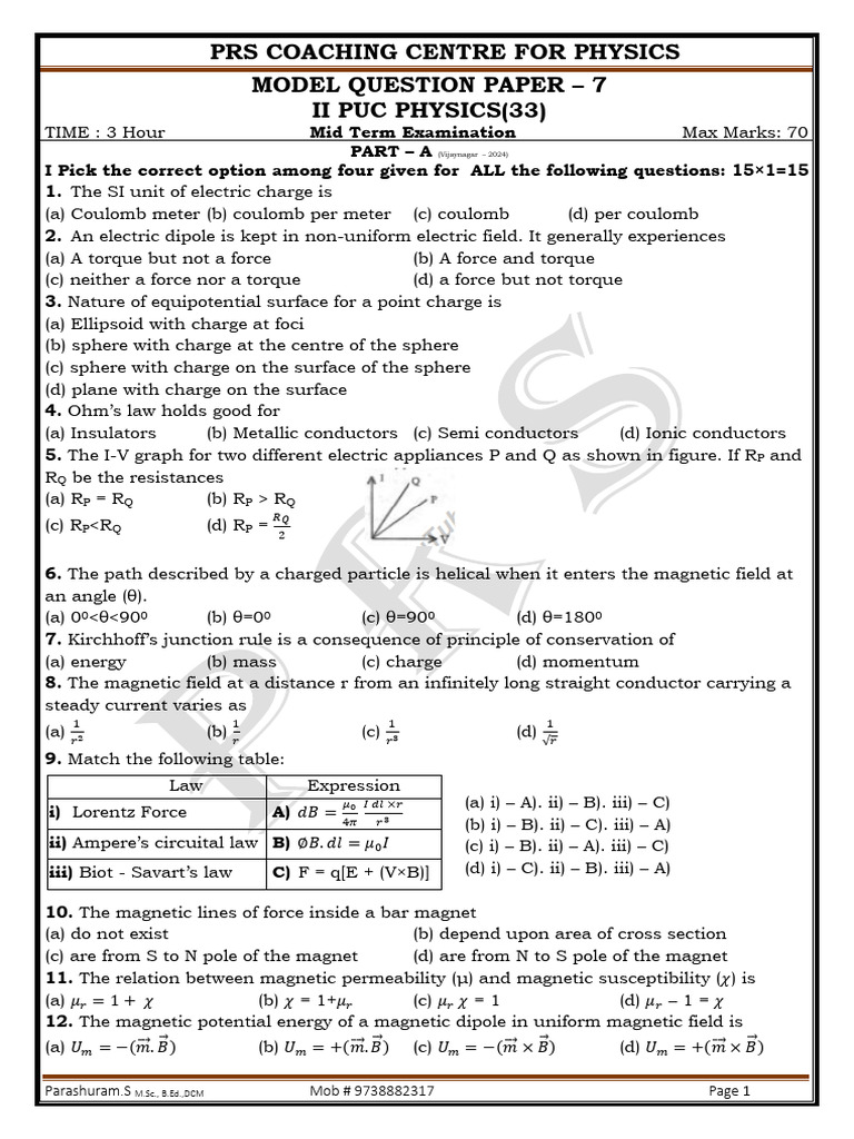II Puc Mid Term Model QP | PDF | Quantity | Physical Quantities