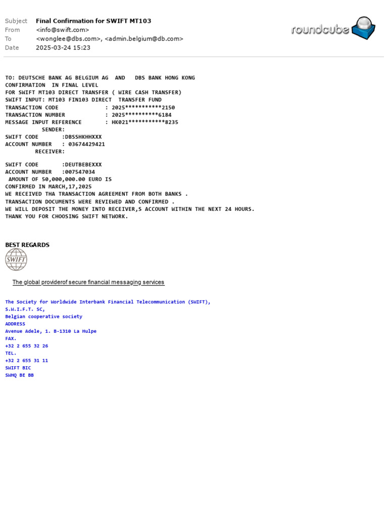 Final Confirmation For SWIFT MT103 | PDF