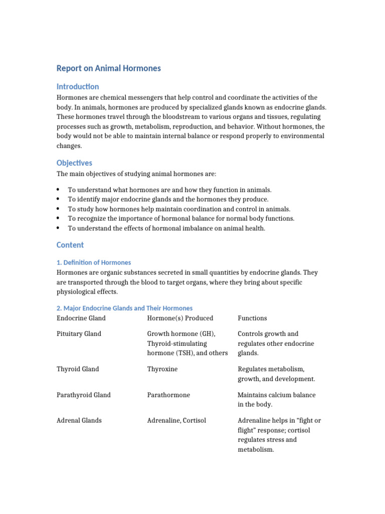 Report On Animal Hormones | PDF | Endocrine System | Hormone