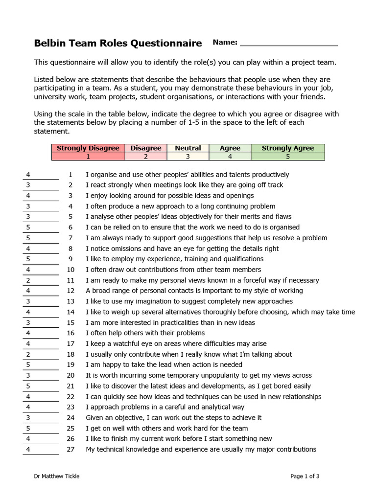Belbin Team Roles Questionnaire | PDF | Cognition | Psychological Concepts