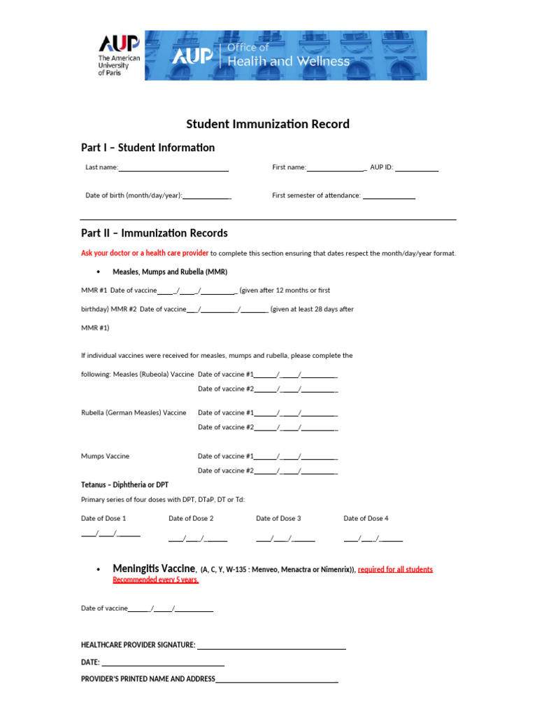 Student Immunization Record Form | PDF