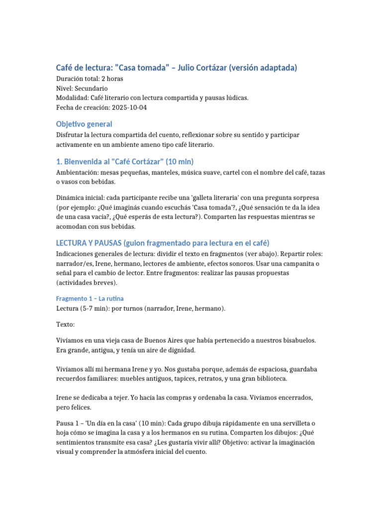 Cafe de Lectura Casa Tomada Completo | PDF