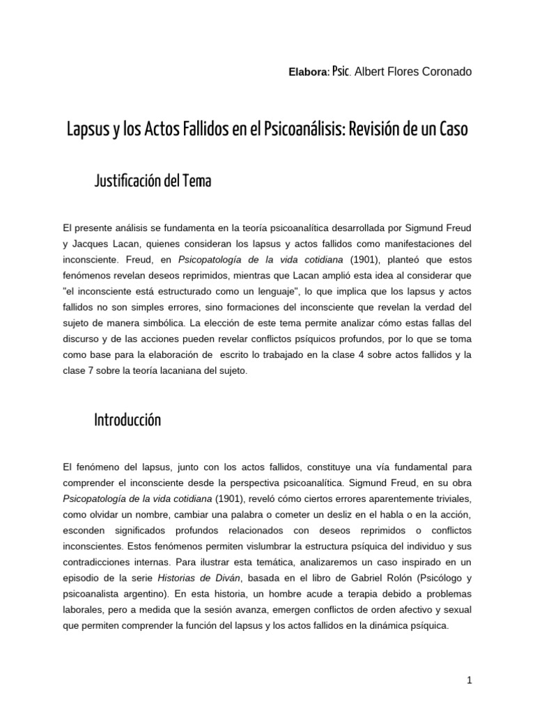 Lapsus y Actos Fallidos en Psicoanálisis | PDF | Psicoanálisis | Mente ...