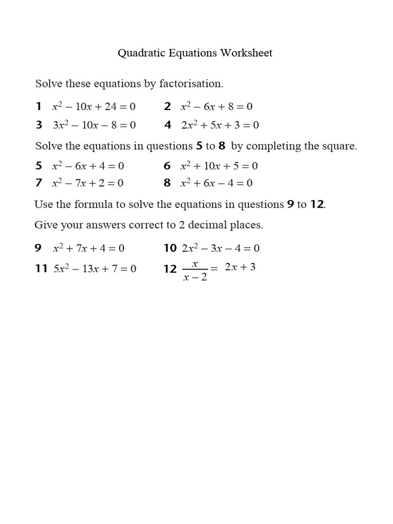 Quadratic Equations Worksheet | PDF