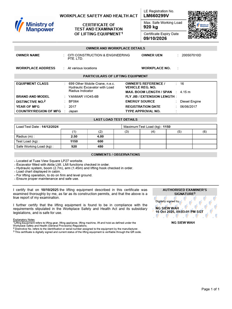 J21259 CITI VIO45-6B-BF064 (16) LE Signed Examination Certificate ...