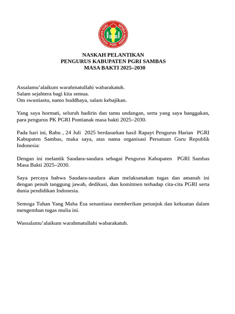 Pelantikan Pengurus PGRI Sambas 2025-2030 | PDF