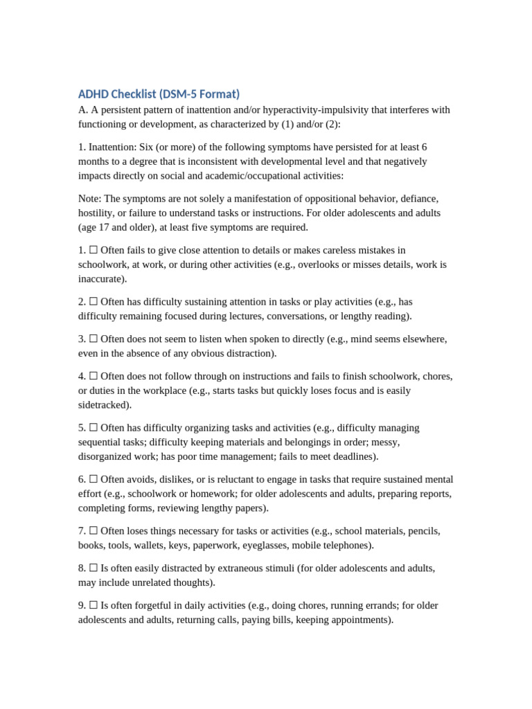 ADHD Symptoms Checklist Correct Format | PDF | Mental Disorder ...
