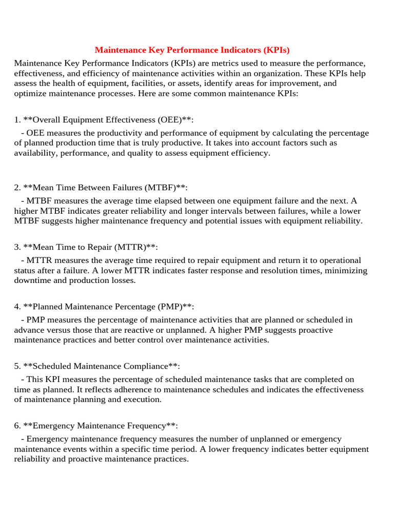 Maintenance Key Performance Indicators (KPIs) | PDF | Reliability ...