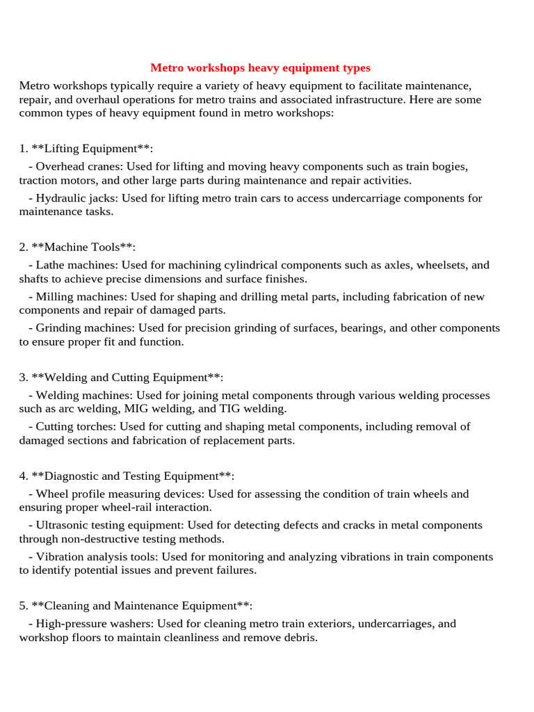 Types of Heavy Equipment in Metro Workshops | PDF | Welding | Construction