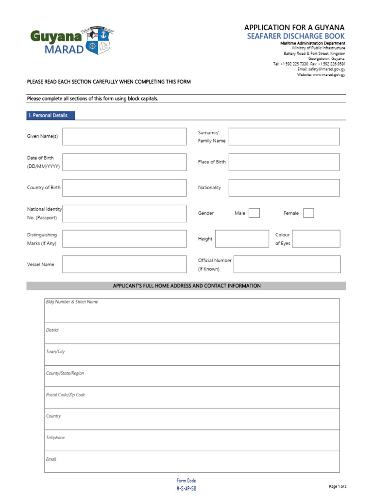 Guyana Seafarer Discharge Book Application | PDF
