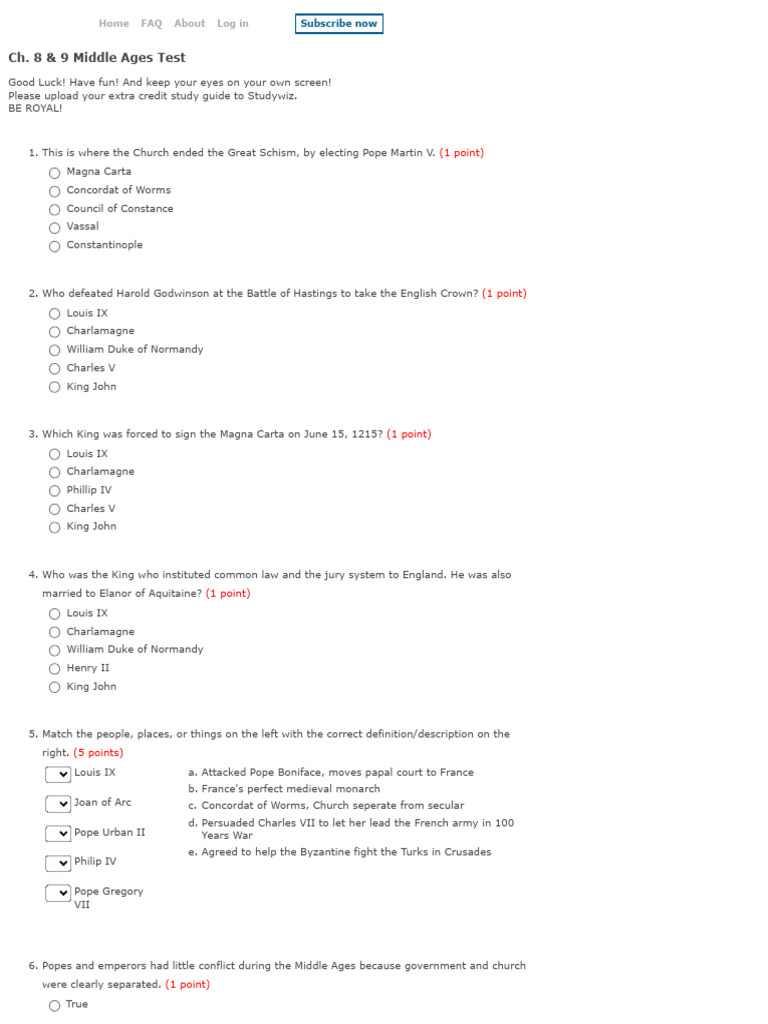 Quia - Ch. 8 & 9 Middle Ages Test | PDF | Middle Ages | Pope