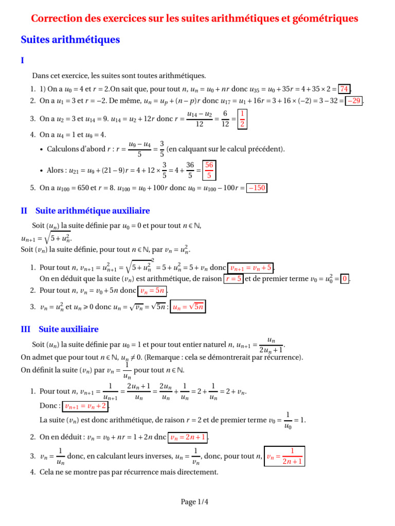 Correction des exercices sur suites arithmétiques et géométriques | PDF ...