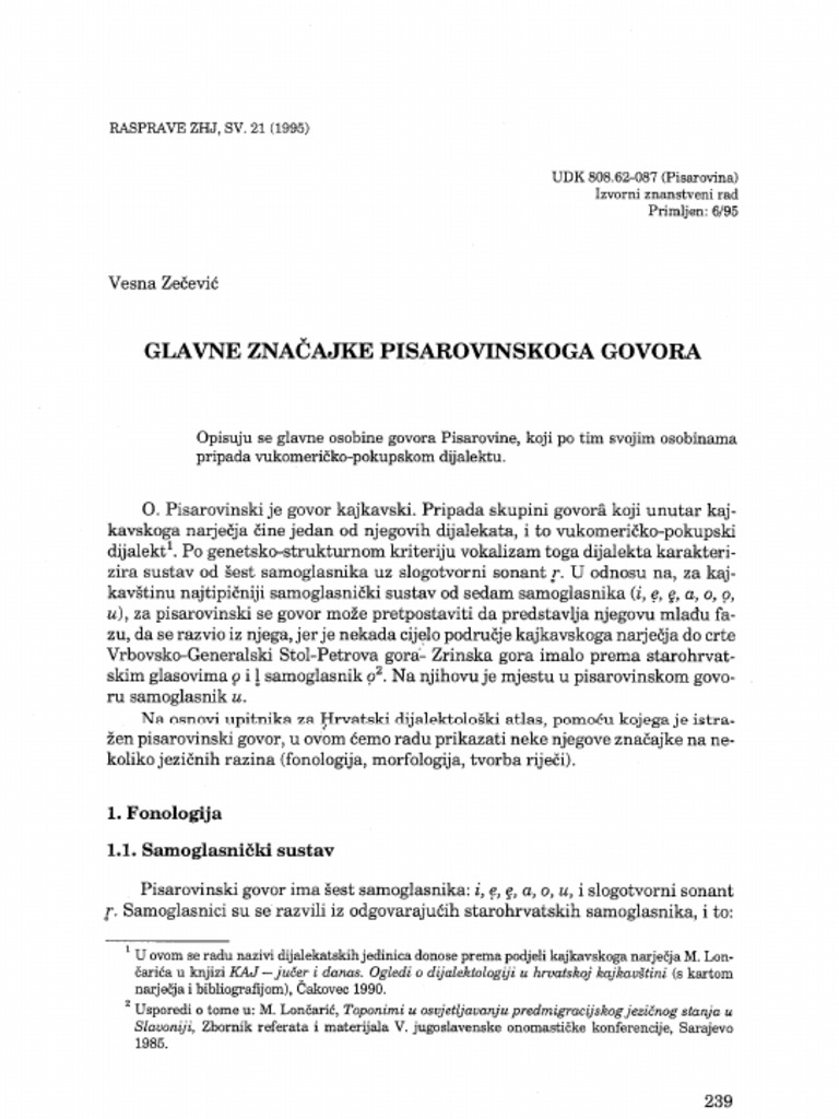 Vesna Zečević - Glavne Značajke Pisarovinskoga Govora | PDF