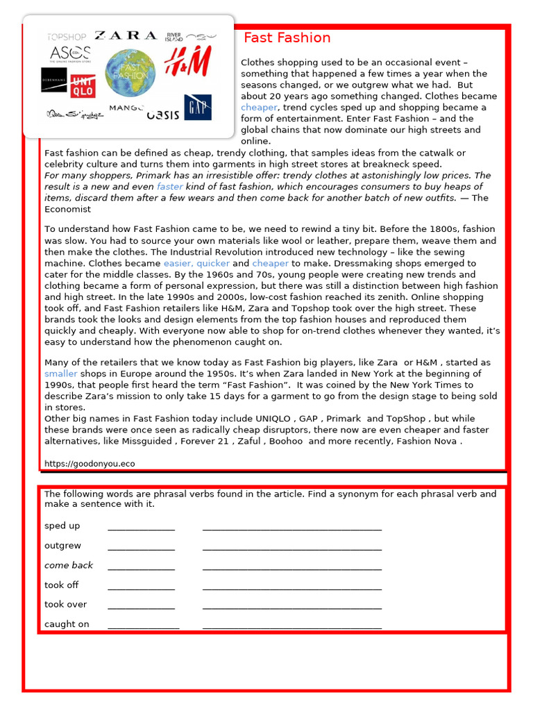 Fast Fashion Reading Comprehension Exercises 113249 | PDF | Fashion ...