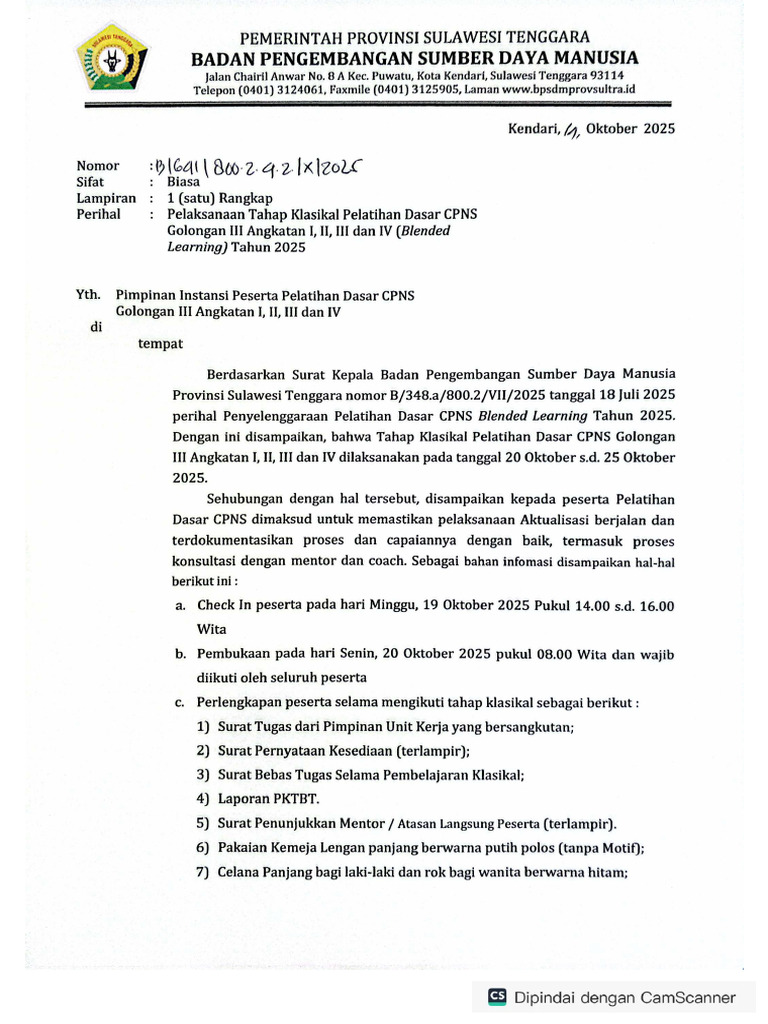 Surat Pelaksanaan Klasikal Latsar Gol. 3 Gel. 1 Tahun 2025 | PDF