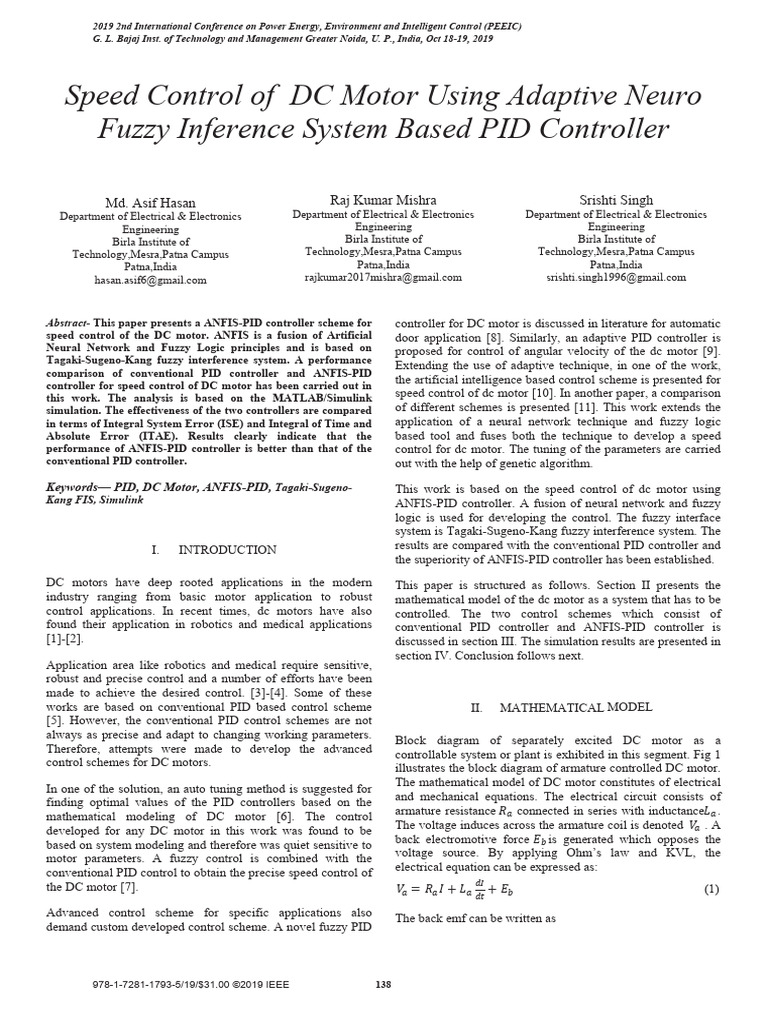 ANFIS-PID Controller for DC Motor Speed | PDF | Voltage | Electric Motor