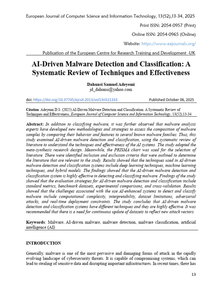 AI Driven Malware Detection | PDF | Malware | Systematic Review