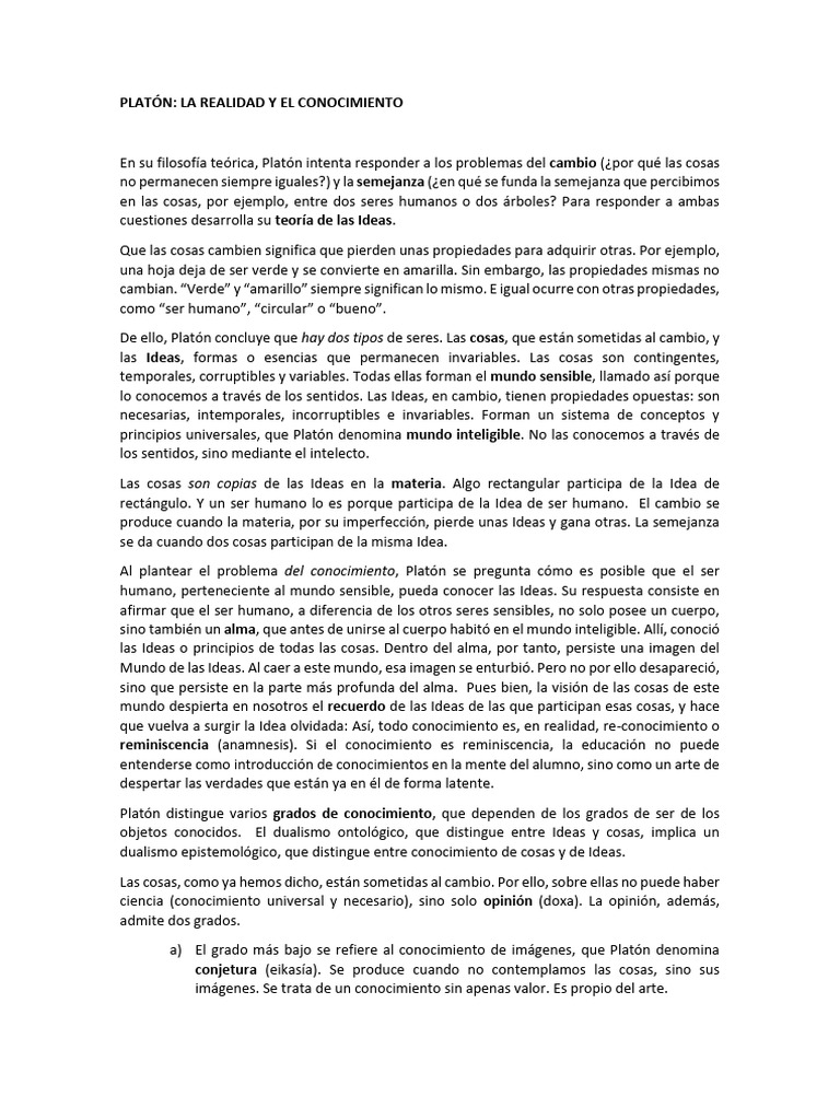 Platón. La Realidad y El Conocimiento | PDF | Conocimiento | Platón