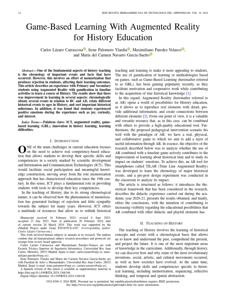 Augmented Reality in History Education | PDF | Augmented Reality | Learning