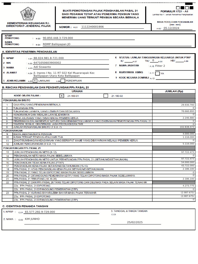 Formulir 1721 A1 RDMP Balikpapan JO 12 2024 Adi Siswanto 2 | PDF