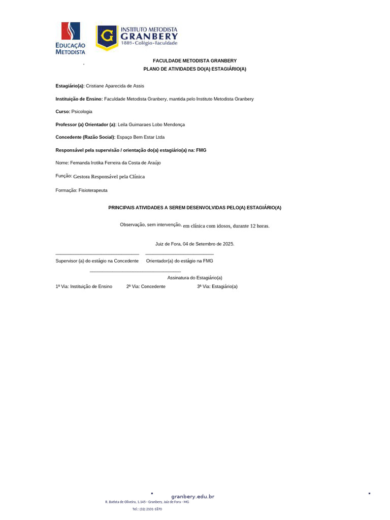 Plano de Estágio em Psicologia - FMG | PDF