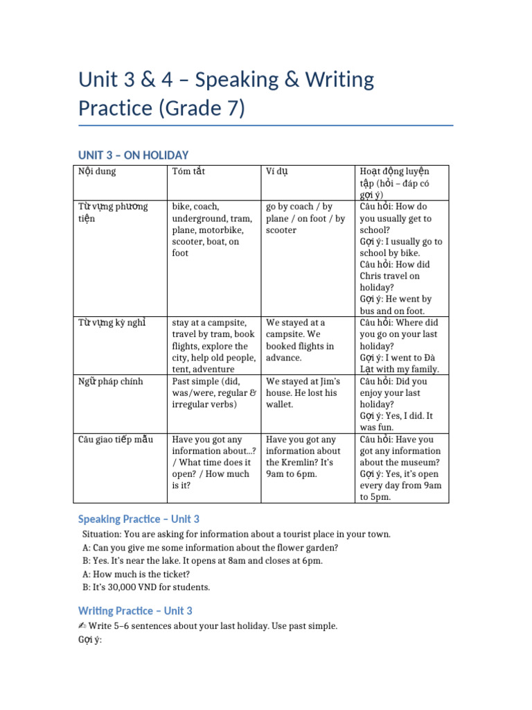 Unit 3 and 4 Speaking Writing Practice Grade 7 | PDF