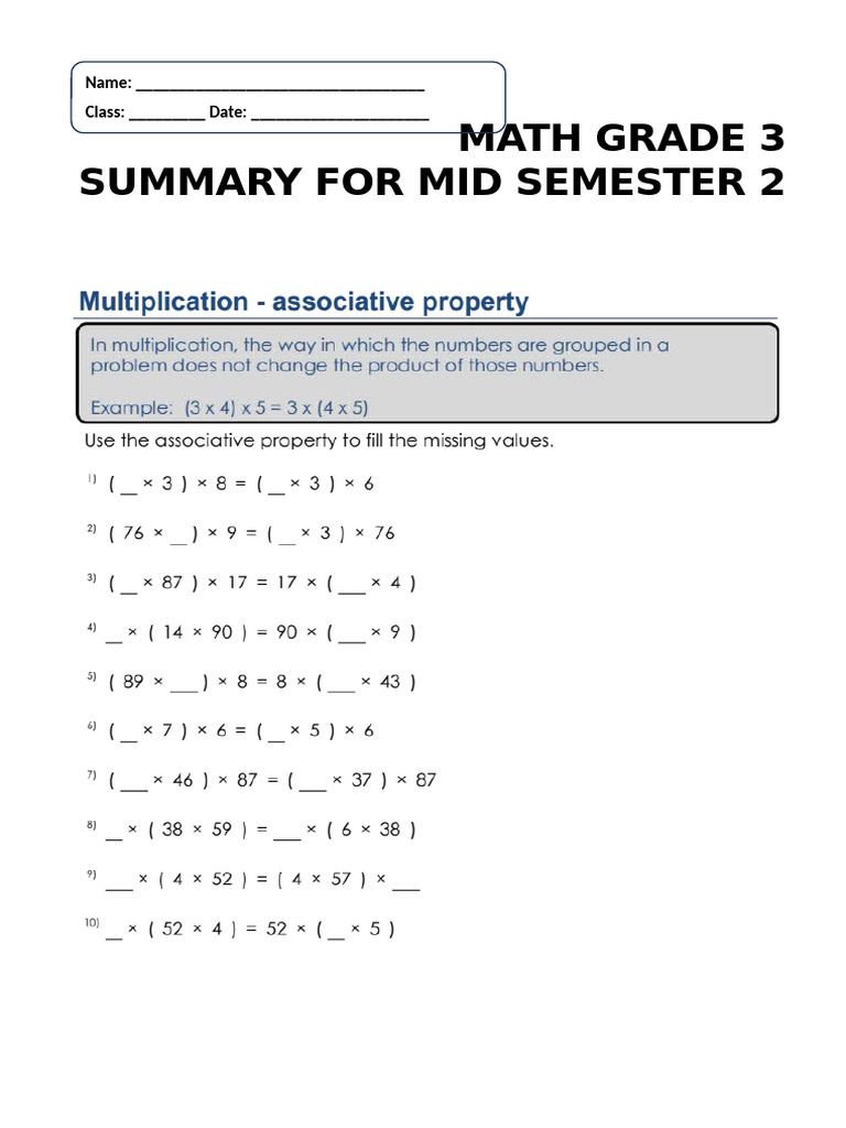 Math Grade 3 Summary Mid2 | PDF