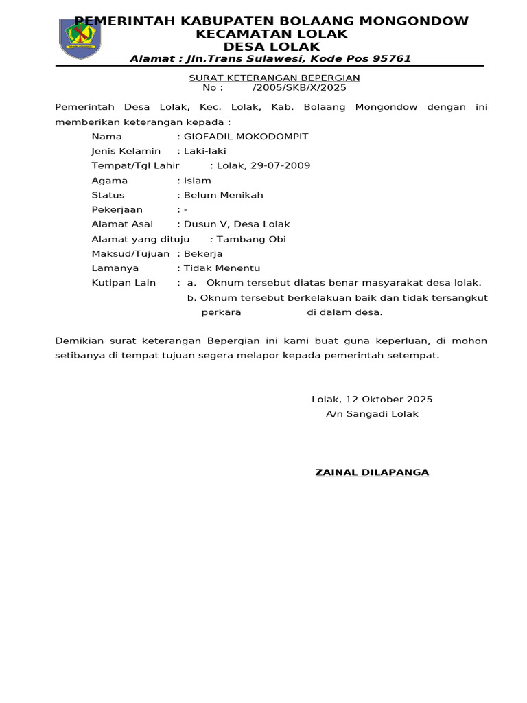 Surat Keterangan Bepergian | PDF