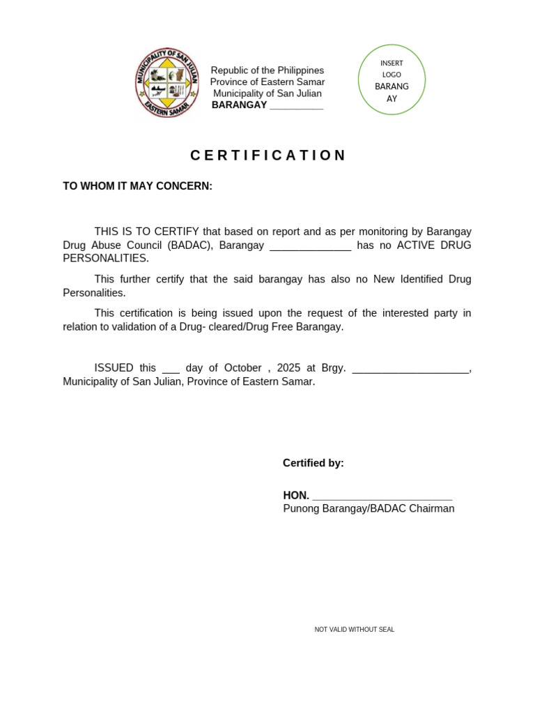 BADAC Certification of Drug-Free Barangay | PDF