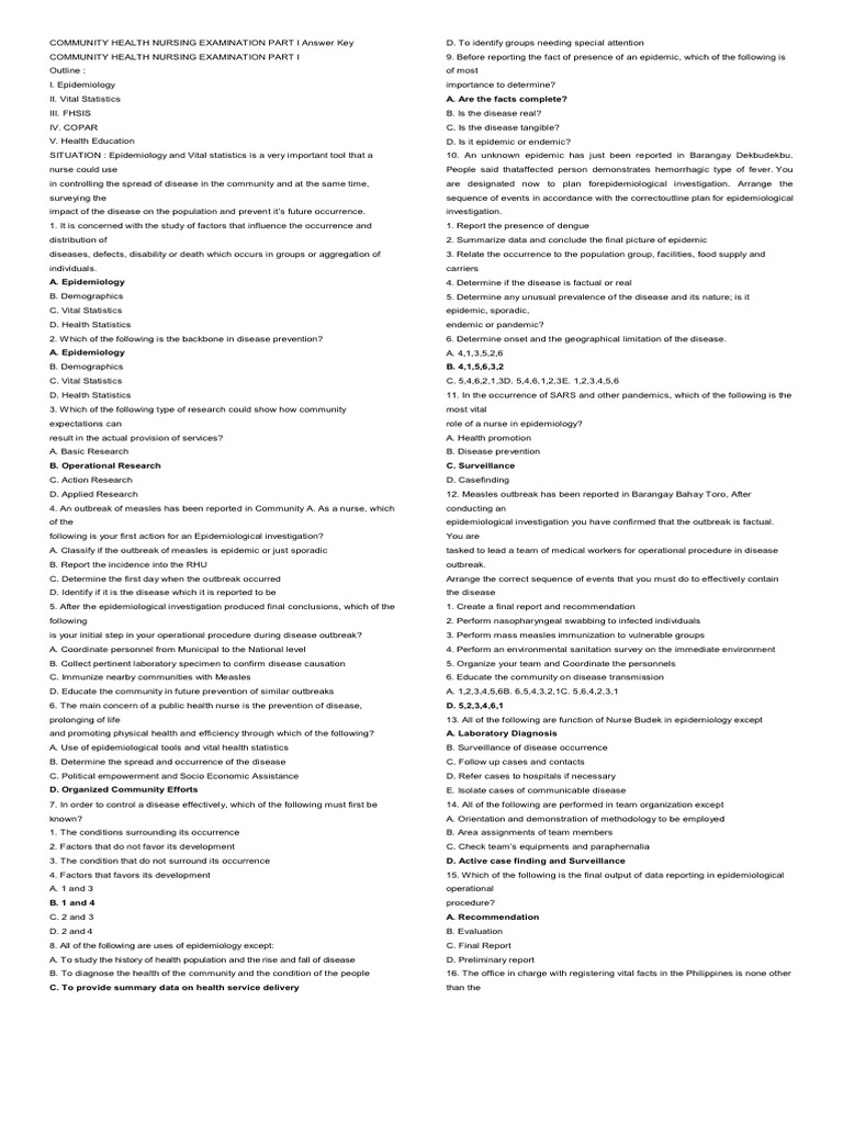 Community Health Nursing Examination Part I Answer Key 1 | PDF
