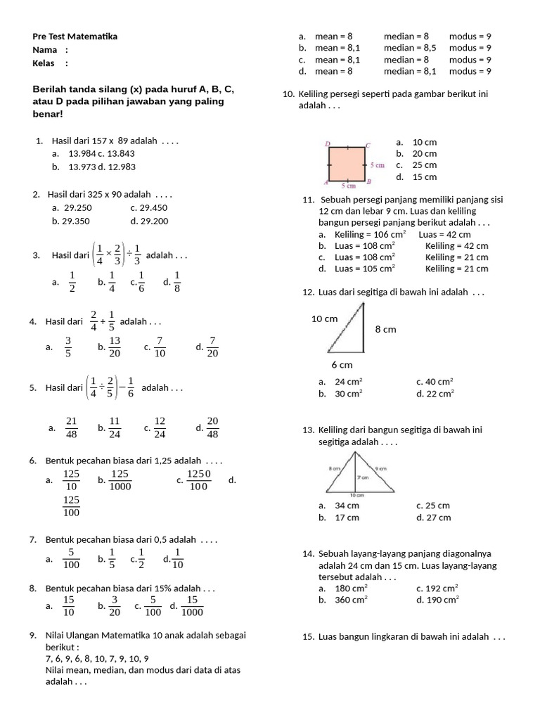Pre Test Matematika Kelas Dasar | PDF