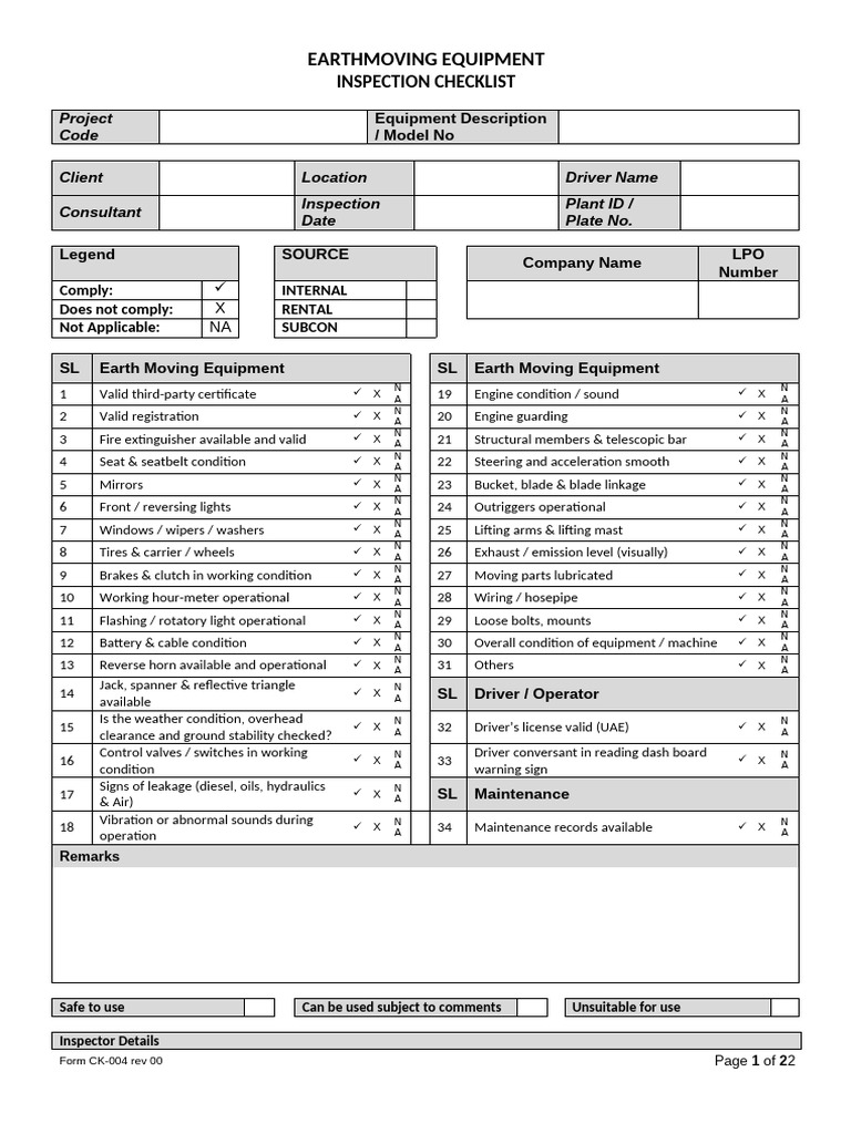 Earthmoving Equipment Inspection Checklist | PDF | Car | Automotive ...
