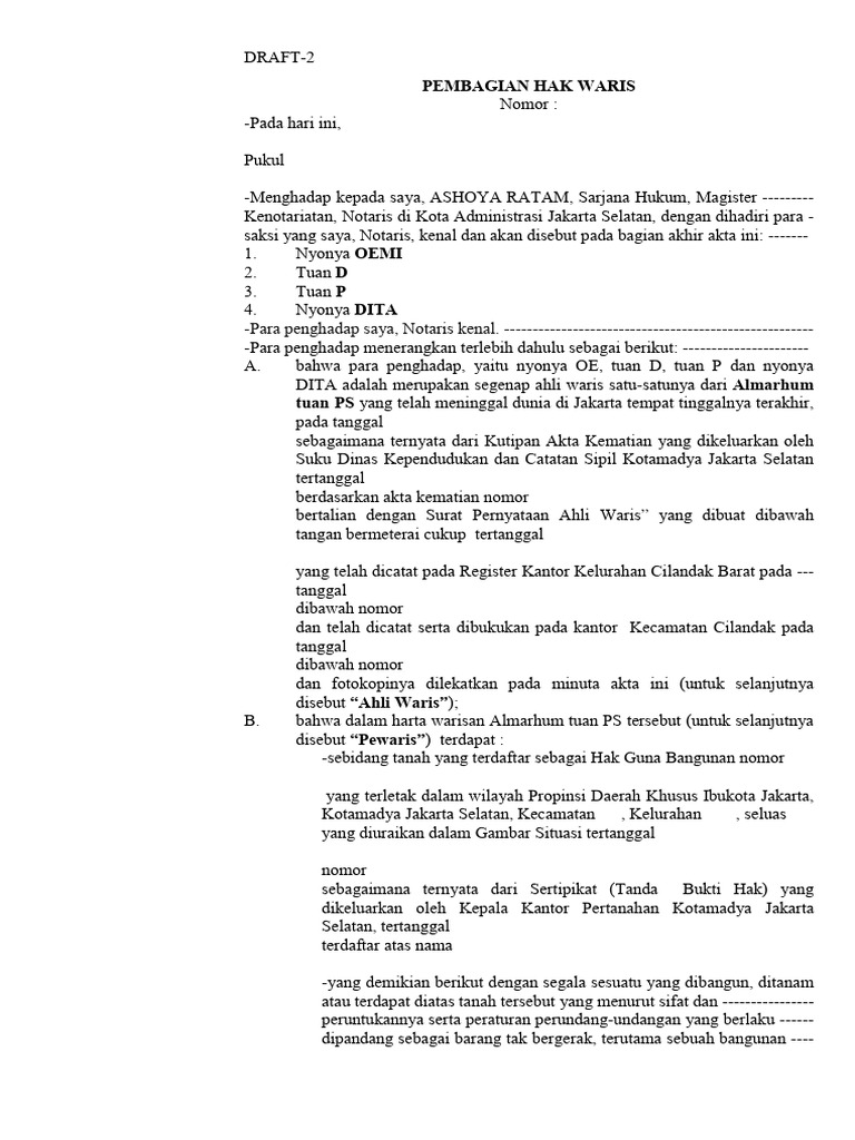 (Draft-2) Pembagian Hak Waris (Contoh) | PDF