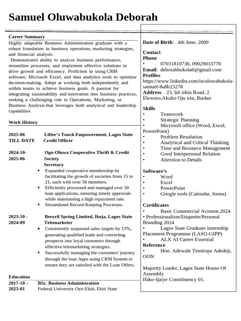 CV Samuel Oluwabukola Deborah 2 | PDF | Customer Relationship ...