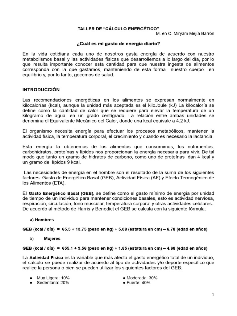 Calculo Del Gasto Energético Total | PDF | Índice de masa corporal ...
