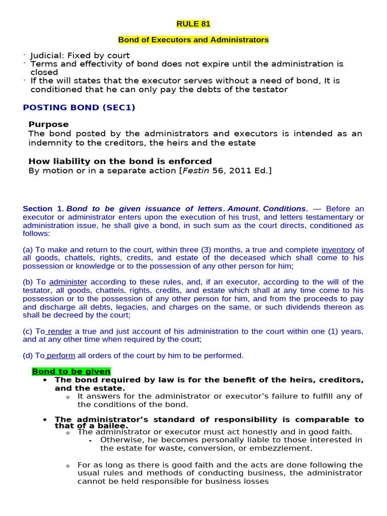 Executors and Administrators Bond Rules | PDF | Will And Testament ...