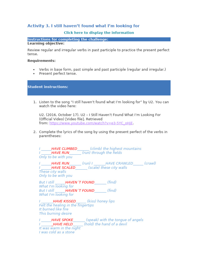 Present Perfect Tense with U2 Lyrics | PDF | Verb | Linguistics
