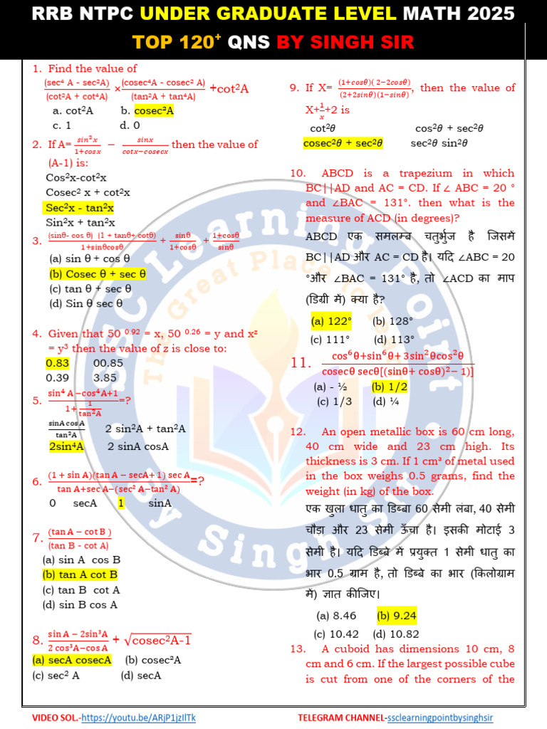 NTPC Under Graduate Level Math 2025 Best Qns Printable PDF Singh | PDF
