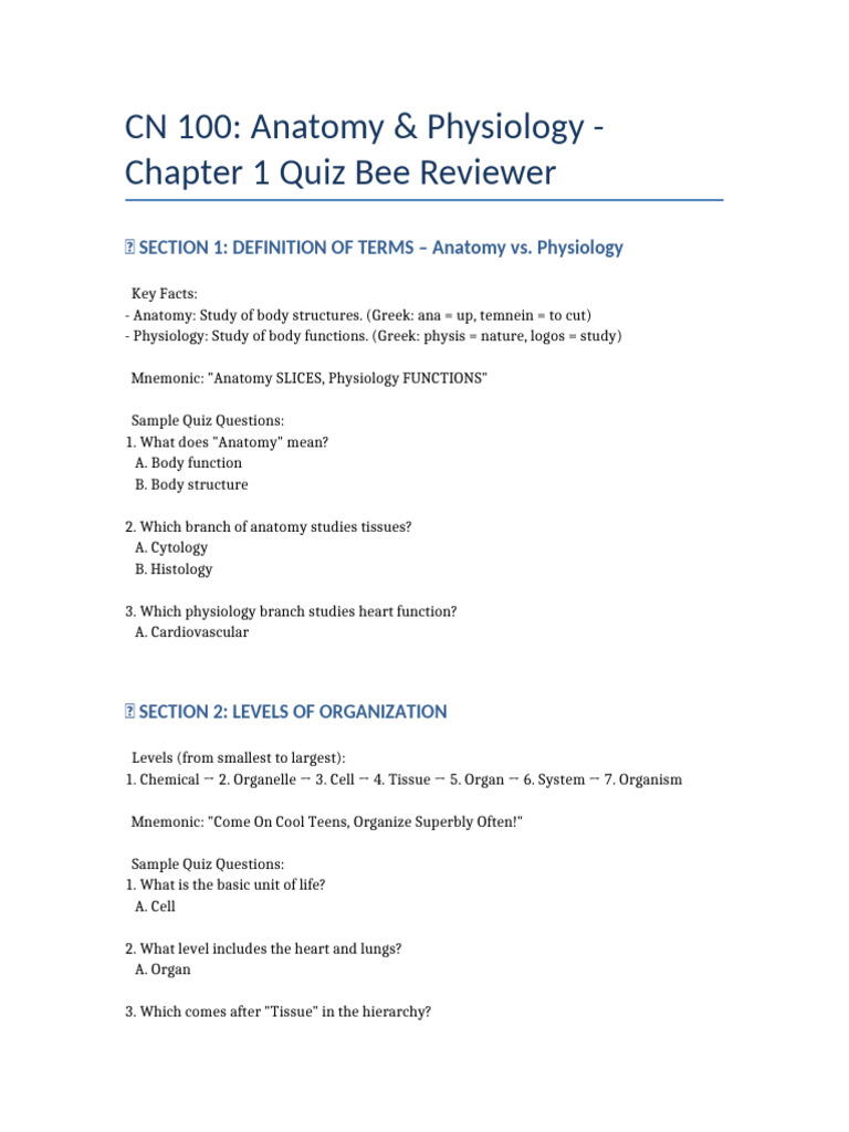 QuizBee Reviewer AnatomyPhysiology Chapter1 | PDF | Anatomical Terms Of Location | Anatomy