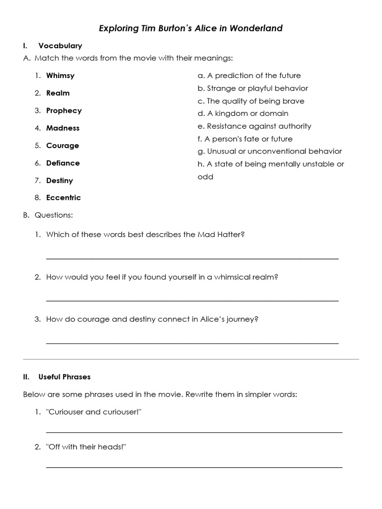 Alice in Wonderland Worksheet | PDF | Alice's Adventures In Wonderland